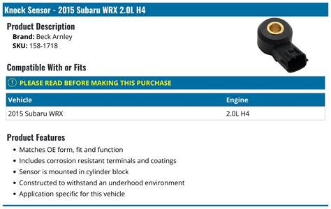 2015 2024 Subaru Wrx Knock Sensor Beck Arnley 158 1718