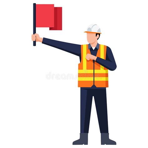 Construction Worker Holding Red Flag Safety Signal Flat Design