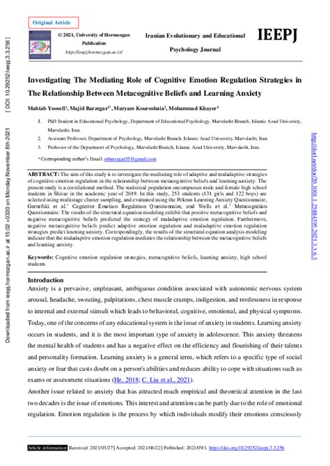 Pdf Investigating The Mediating Role Of Cognitive Emotion Regulation Strategies In The