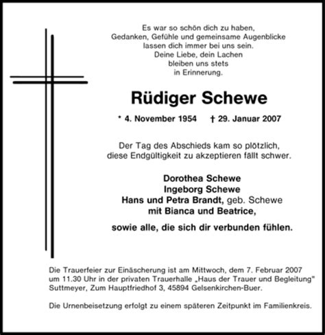 Traueranzeigen Von Rüdiger Schewe Trauer In Nrwde