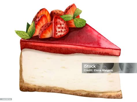 수채화 딸기 치즈케이크 디저트 그림은 흰색 배경에 분리되어 있다 빨간 열매와 녹색 민트 잎 클립 아트와 맛있는 삼각형 케이크 조각 빵집에 대한 스톡 벡터 아트 및 기타