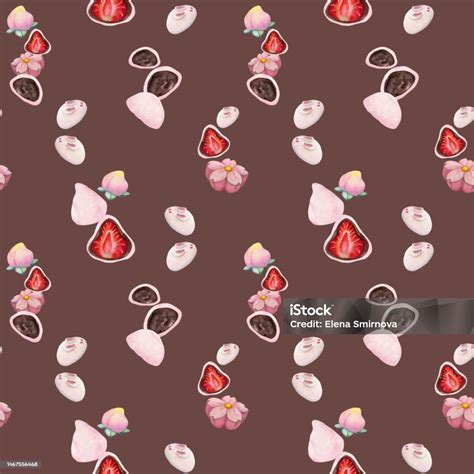 손으로 그린 일본 전통 과자가 있는 수채화 매끄러운 패턴 와가시 떡 벚꽃 컬러 배경에 격리 초대장 레스토랑 메뉴 인사말 카드 인쇄 섬유 0명에 대한 스톡 벡터 아트 및 기타