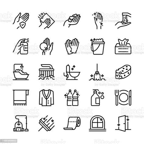 깨끗하고 위생적인 벡터 일러스트레이션 그래픽 편집 가능한 획 크기 간단한 격리 아이콘입니다 기호 기호 요소 아이콘 세트 가사 집안일에 대한 스톡 벡터 아트 및 기타 이미지