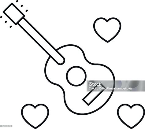 로맨스와 사랑 개념 평면 스타일로 그려진 윤곽선 기호 하트로 둘러싸인 어쿠스틱 기타의 라인 아이콘 기타 현악기에 대한 스톡 벡터