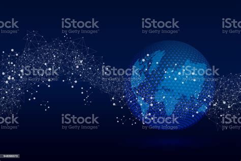 미래 기술 개념 배경 및 글로벌 네트워크 연결을 추상화 합니다 세계 지도 포인트와 라인 구성입니다 과학에 대한 스톡 벡터 아트