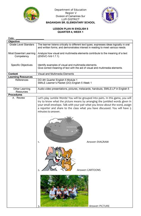 Cot English 5 Visual And Media Elements Department Of Education
