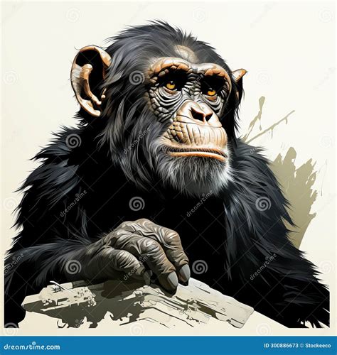 Photographically Detailed Art Illustration Of Chimp On Branch With