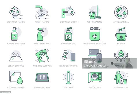 소독 선 아이콘입니다 벡터 일러스트는 스프레이 병 바닥 청소 걸레 워시 핸드 젤 오토 클레이브 Uv 램프 윤곽 그림으로 포함 된 녹색 색상 편집 가능한 스트로크 아이콘에