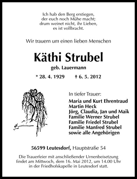 Traueranzeigen Von Käthi Strubel Rz Trauer De