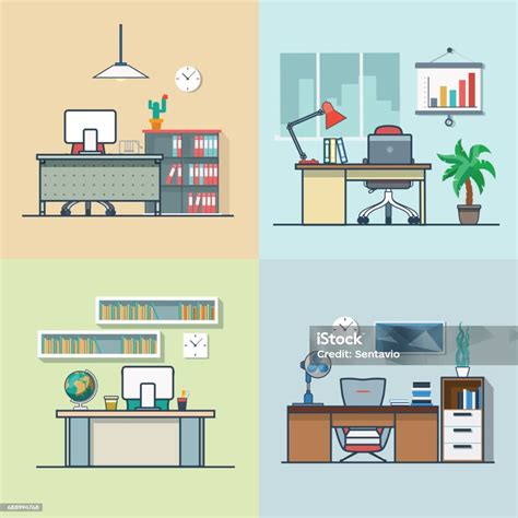 교사 사무실 학생 룸 작업 테이블의 자 인테리어 실내 세트 선형 색 스트로크 윤곽선 평면 스타일 벡터 아이콘입니다 컬러 아이콘 컬렉션입니다 교사 교육 관련 직업에 대한 스톡