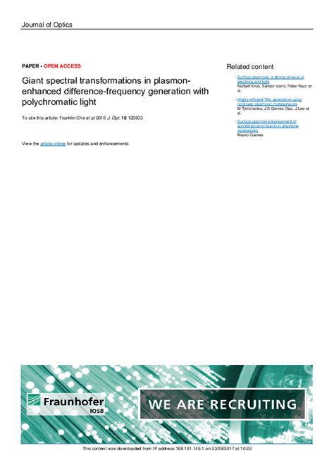 Pdf Giant Spectral Transformations In Plasmon Enhanced Difference Frequency Generation With