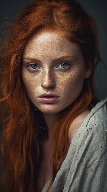 Retrato De Una Hermosa Chica Pelirroja Con Pecas Foto Premium