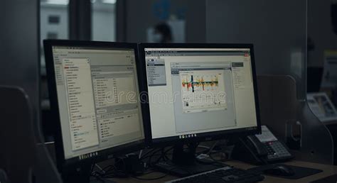 Analyzing Financial Data On Dual Computer Monitors At Dark Office Workplace Stock Illustration