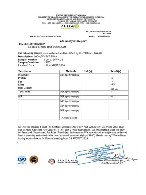Certificate Of Analysis Wheat Bran Pdf
