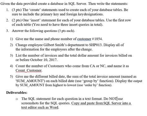 Solved Given The Data Provided Create A Database In Sql Chegg