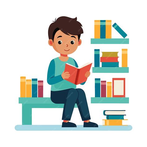 Ребенок читает книгу в библиотеке с иллюстрацией мультфильма Премиум Ai сгенерированный вектор