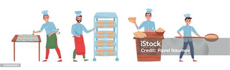 남자 베이커 캐릭터 에서 앞치마 와 Toque 굽기 빵 와 과자 벡터 세트 오븐에 굽기에 대한 스톡 벡터 아트 및 기타 이미지 Istock