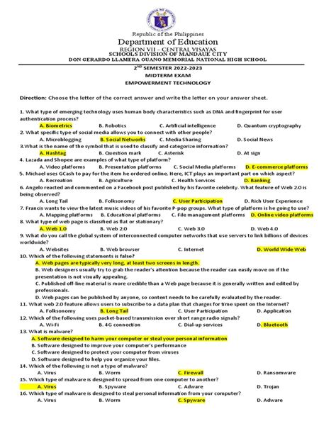 Midterm Exam Answer Key Etech Sy 2022 2023 Pdf Malware Computer Virus