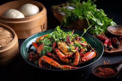 Spicy Red Chili Crab Dish With Cilantro And Steamed Stock Image Image