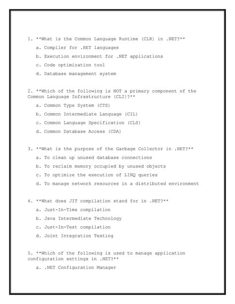 Mcq Question Maq What Is The Common Language Runtime Clr In Net A Compiler For Net