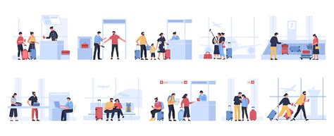 공항에서 관광객 터미널에서 비행기를 기다리는 사람들 관광 캐릭터는 여권 심사를 받고 수하물 검사를 통과하거나 수하물 벡터 일러스트 세트를 받습니다 여행 가방을 들고 있는