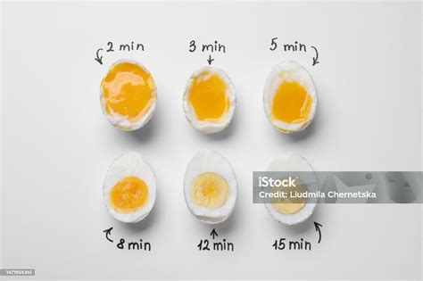 흰색 배경에 삶은 닭고기 달걀의 다양한 요리 시간과 준비 단계 평평한 누워 끓는 물에 삶기에 대한 스톡 사진 및 기타 이미지 끓는 물에 삶기 다양 닭고기 Istock