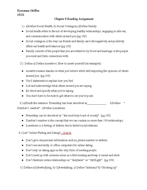 Chapter 8 Reading Assignment 10 Chapter 8 Reading Assignment 1 A Define Social Health B