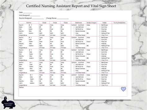 Cna Report Sheet Vital Signs Printable Nursing Assistant Brain Patient Care Tech Shift