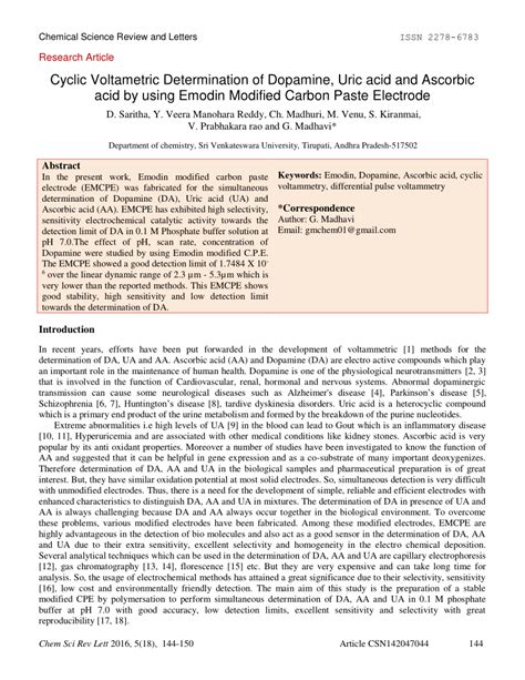 Pdf Cyclic Voltametric Determination Of Dopamine Uric Acid And