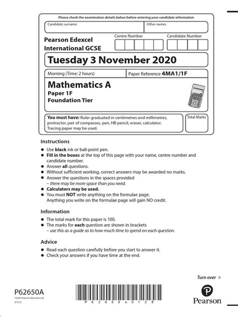 01a Igcse Maths 4ma1 1f November 2020 Examination Paper Pdf Area Barrel Unit