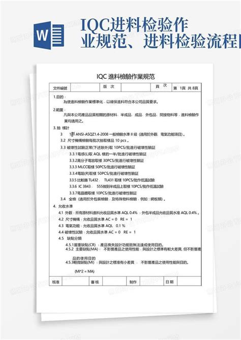 Iqc进料检验作业规范、进料检验流程图word模板下载 编号qywxzaen 熊猫办公