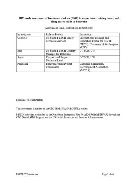 Z3 Botswana Fsw Needs Assessment Example Pdf Presidents Emergency Plan For Aids