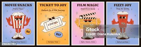 클래퍼보드 컵 티켓 팝콘의 캐릭터가 그루비한 스타일로 등장하는 복고풍 포스터 국제 영화의 날 눈 다리 팔을 가진 재미있는 캐릭터