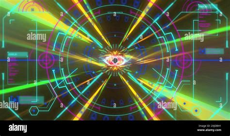 Image Of Colourful Circular Scanner Processing Over Bright Flashing