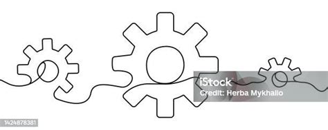 기어 휠이있는 연속 라인 선형 톱니바퀴 톱니바퀴로 그리기 기어 기계 부분에 대한 스톡 벡터 아트 및 기타 이미지 기어 기계