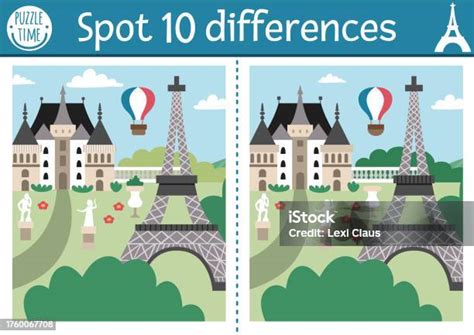 아이들을 위한 차이점 찾기 게임 공원 성 에펠탑에서의 귀여운 광경이 있는 교육 활동 재미있는 프랑스 풍경을 가진 아이들을 위한