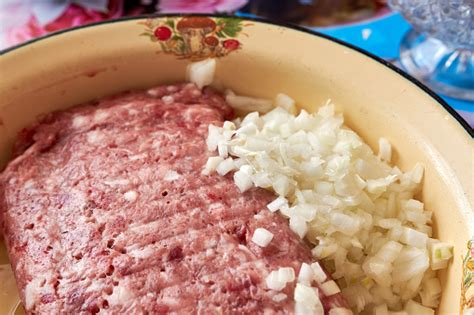 흰 양파와 닭고기 달걀을 뿌린 신선한 쇠고기와 돼지고기 다진 고기를 노란 철판에서 절단 하 고 닭 꼬치로 만들어 냅니다 집에서 테이블에 건강한 식생활에 대한 스톡 사진 및