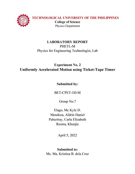 Lab Report Group Lab Report On Physics For Engineering TECHNOLOGICAL UNIVERSITY OF THE