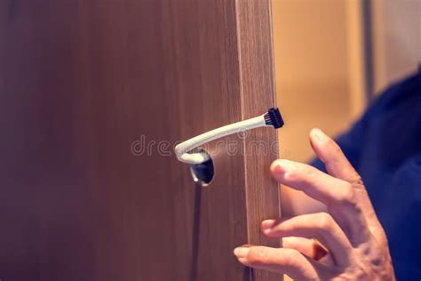 Selective Focus To Wooden Door With Blurry Cable Of Digital Door Lock Security System Stock