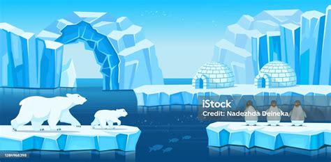 빙산 이글루 북극곰 펭귄 바다 또는 바다와 북극 풍경 게임 및 모바일 응용 프로그램에 대한 벡터 만화 그림 이글루에 대한 스톡 벡터 아트 및 기타 이미지 Istock