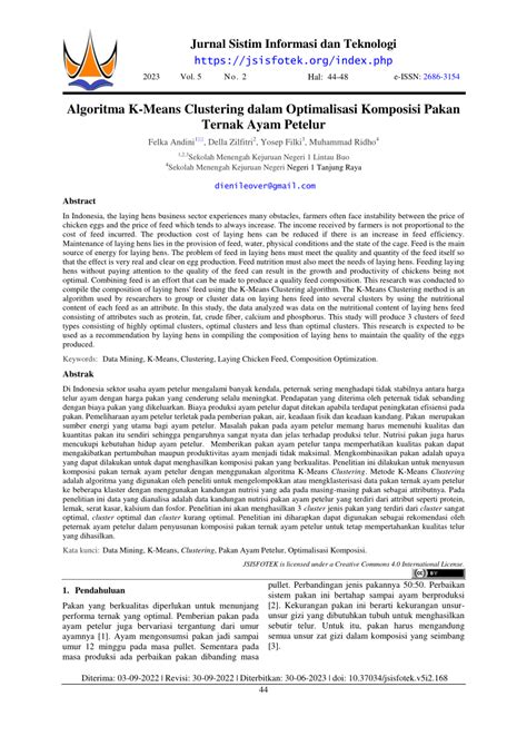 Pdf Algoritma K Means Clustering Dalam Optimalisasi Komposisi Pakan