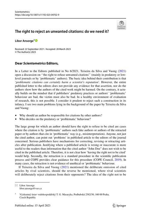 Pdf The Right To Reject An Unwanted Citations Do We Need It