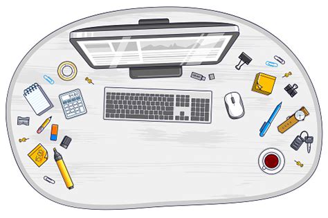 Pc 컴퓨터와 텍스트 복사 공간이있는 테이블에 다른 문구 개체가있는 작업 장 작동 공간 상단 보기 모든 요소는 따로 사용하거나 그림을 재구성하기 쉽습니다 벡터 거리표식에