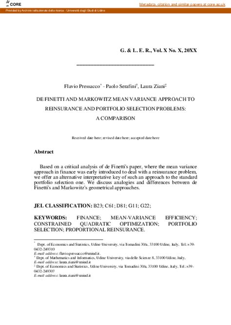 Pdf De Finetti And Markowitz Mean Variance Approach To Reinsurance And Portfolio Selection