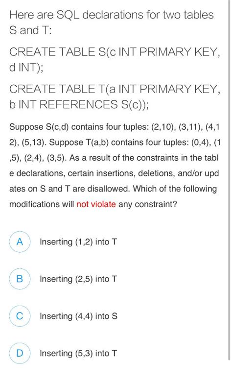 Solved Here Are Sql Declarations For Two Tables S And T