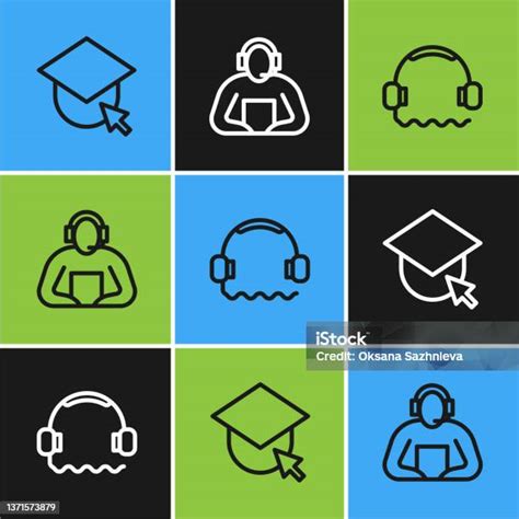 글로브 헤드폰 및 학생 아이콘에 라인 졸업 모자를 설정합니다 벡터 아이콘에 대한 스톡 벡터 아트 및 기타 이미지 아이콘 한 사람 사람들 Istock