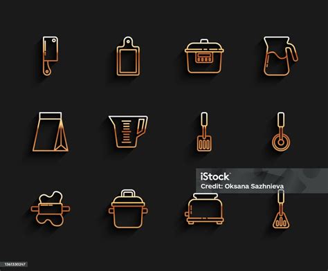 반죽 요리 냄비 고기 헬기 토스터 주걱 측정 컵 피자 나이프와 아이콘에 라인 롤링 핀을 설정합니다 벡터 가방에 대한 스톡 벡터 아트 및 기타 이미지 Istock