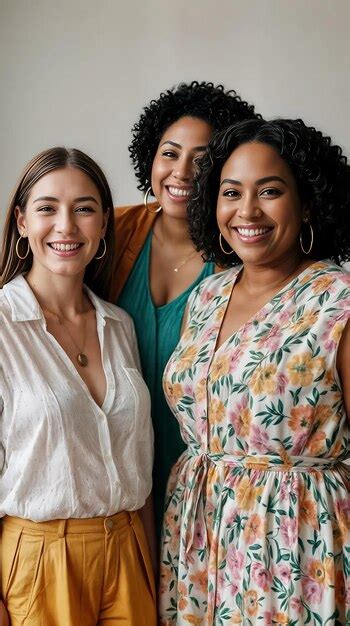 Three Smiling Plus Size Friends Posing And Looking At The Camera Body