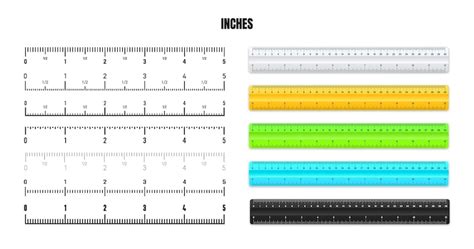 길이나 높이를 측정하기 위한 검정색 인치 눈금이 있는 실제 플라스틱 눈금자 구분선이 있는 다양한 측정 눈금자 줄자 표시 크기 표시기 벡터 그림 프리미엄 벡터