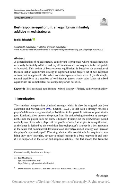 Best Response Equilibrium An Equilibrium In Finitely Additive Mixed Strategies